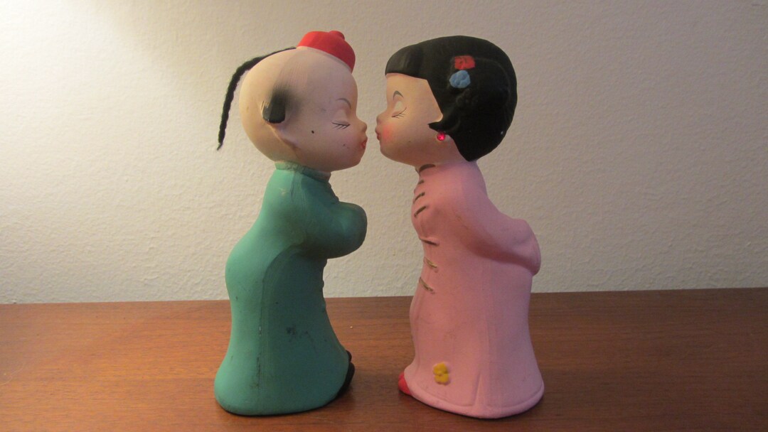 Vintage, Hand Painted Plaster Kissing Boy and Girl in Traditional ...