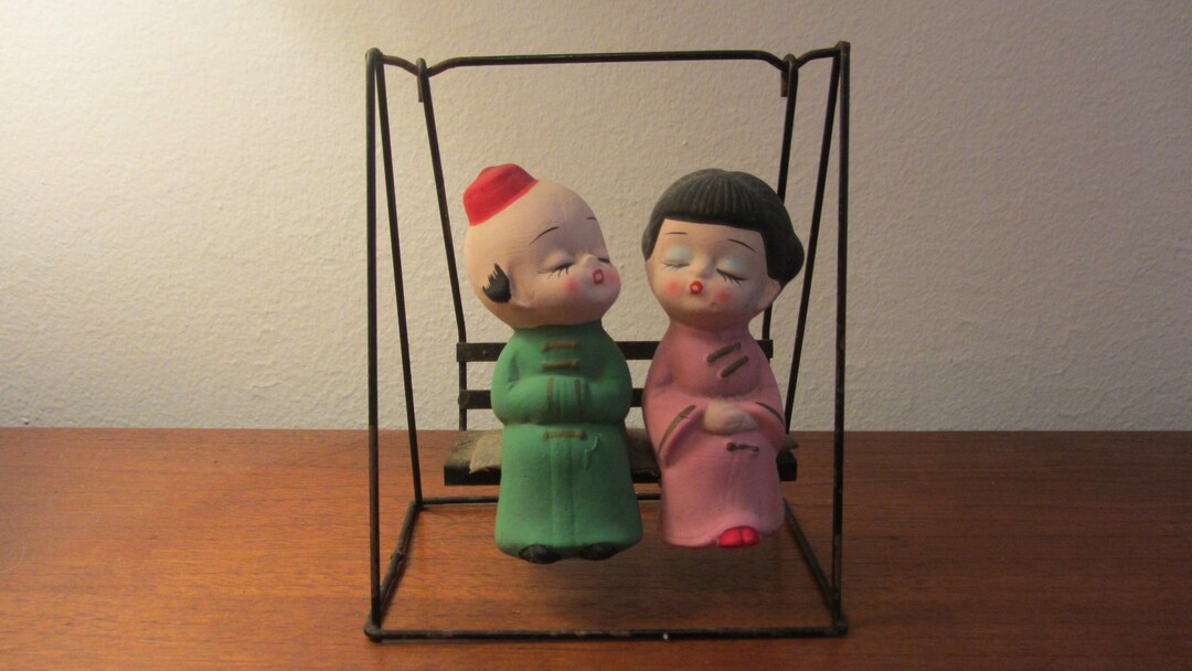 Vintage, Hand Painted Plaster Kissing Boy and Girl in Traditional ...