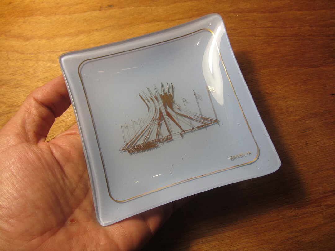 Vintage Collectible Souvenir Square Pale Blue Glass Trinket Dish ...