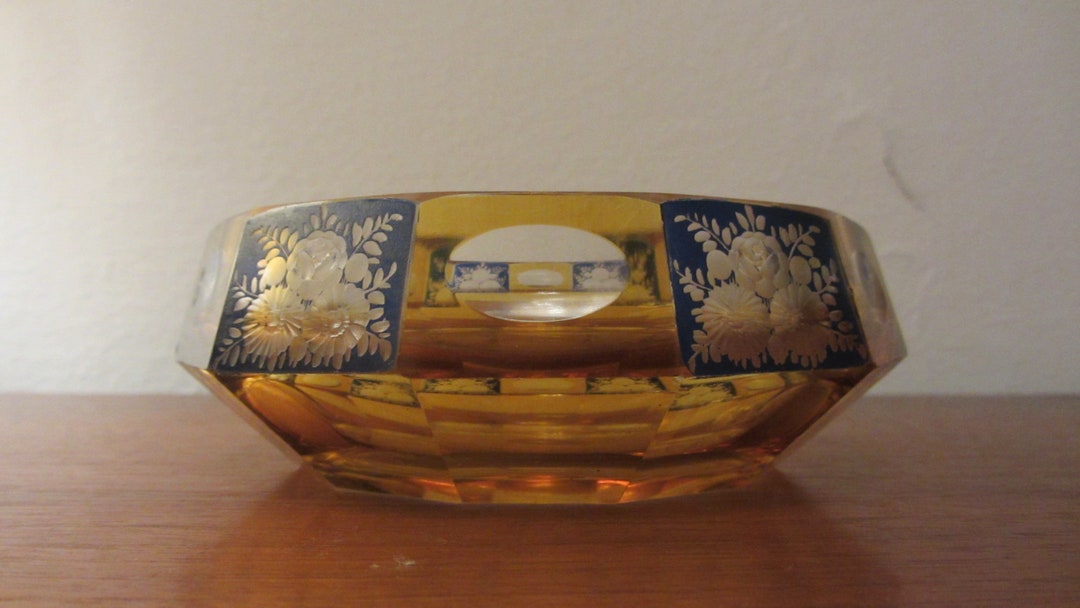 Vintage Art Deco Amber Overlay Cut to Clear Crystal Candy Bowl - Floral ...