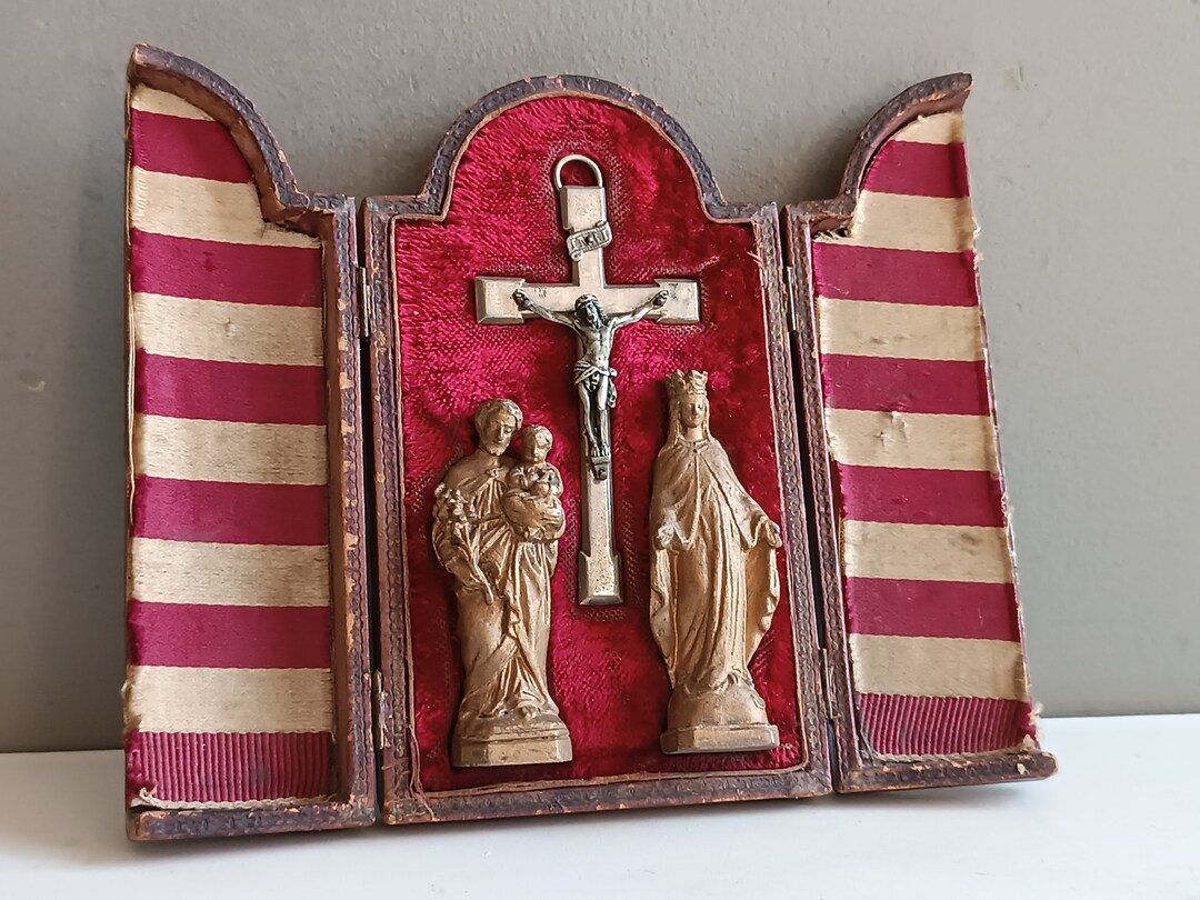 Antique French Reliquary Triptych Travel Chapel With Crucifix and Gilt ...