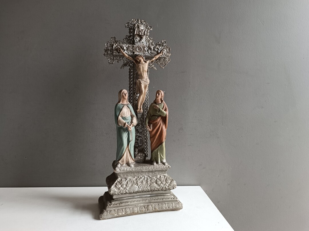 French Antique Nice Large Altar Crucifix Christ Calvary Chalkware on ...