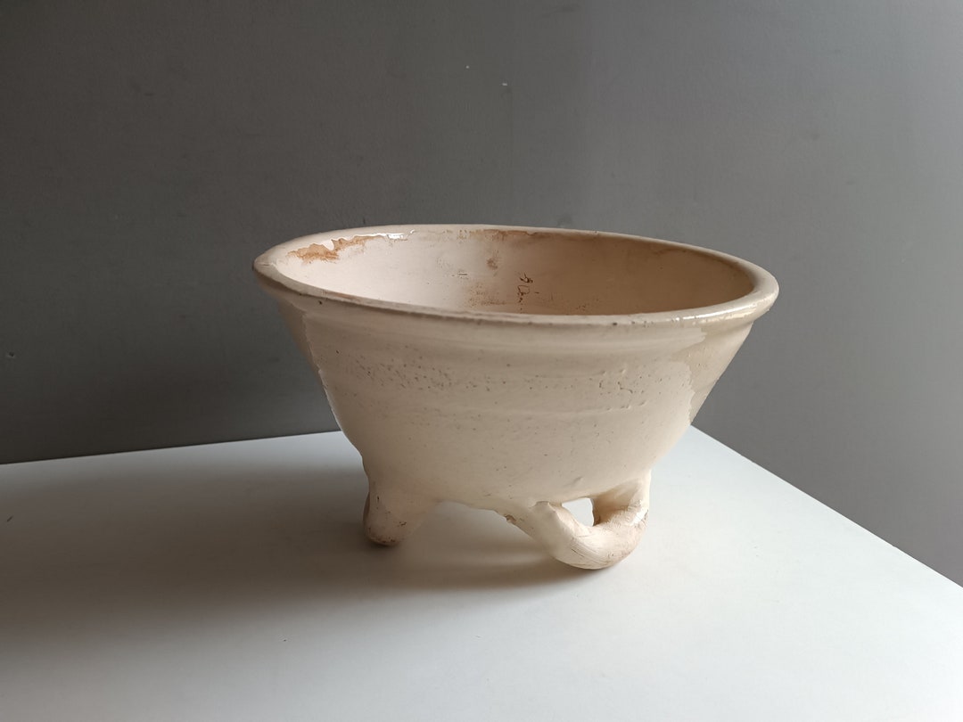 French Antique Large Glazed Sandstone Stoneware Bowl on Feet / Primitiv ...
