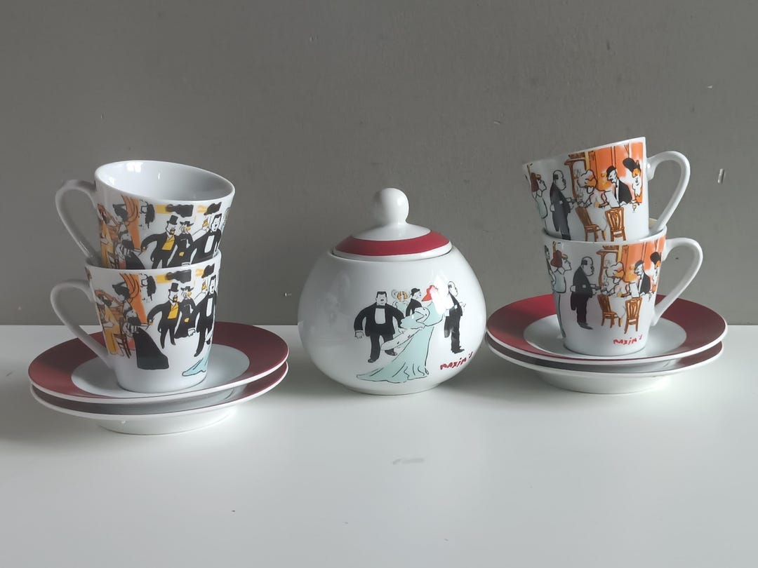 French Vintage 4 Porcelain Coffee Cups and Sugar Bowl Maxim's ...
