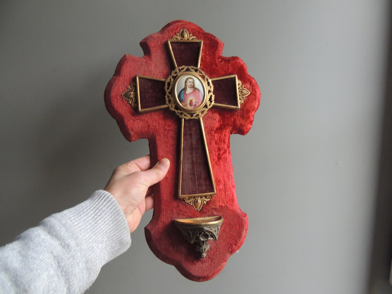 French Antique Large Holy Water Stoup Cross Crucifix With Porcelain ...