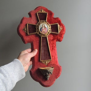 French Antique Large Holy Water Stoup Cross Crucifix With Porcelain ...