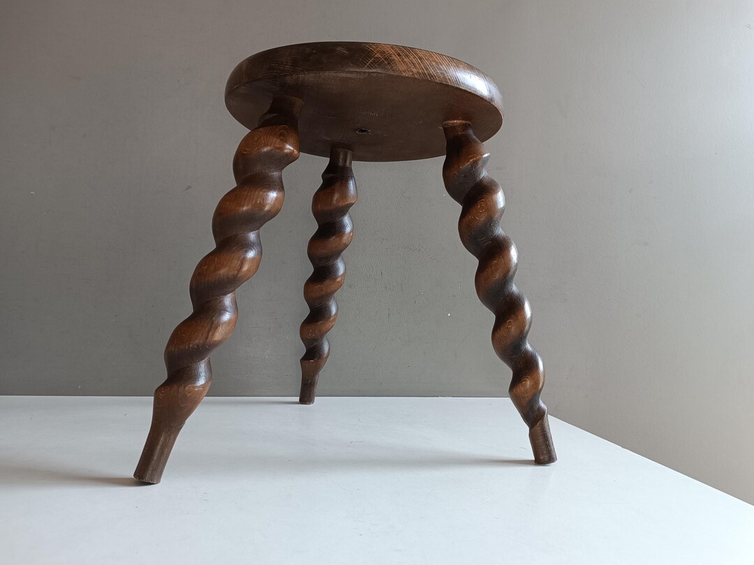 French Vintage Turned Twisted Wood Stool Farmhouse Mid Century ...
