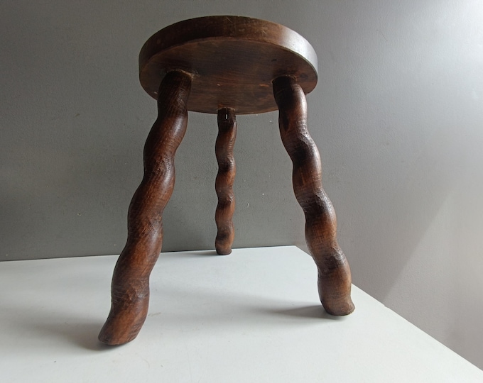 French Vintage Turned Twisted Wood Stool Farmhouse Mid Century ...