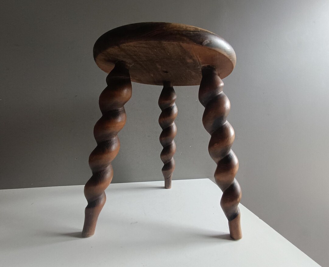 French Vintage Turned Twisted Wood Stool Mid Century Brutalist / Screw ...
