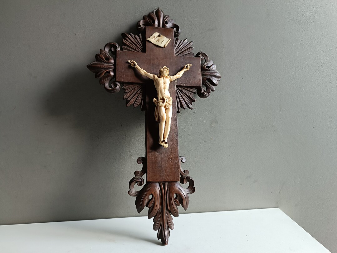 Antique French Crucifix Hand Carved Christ on Stunning Carved Wood ...