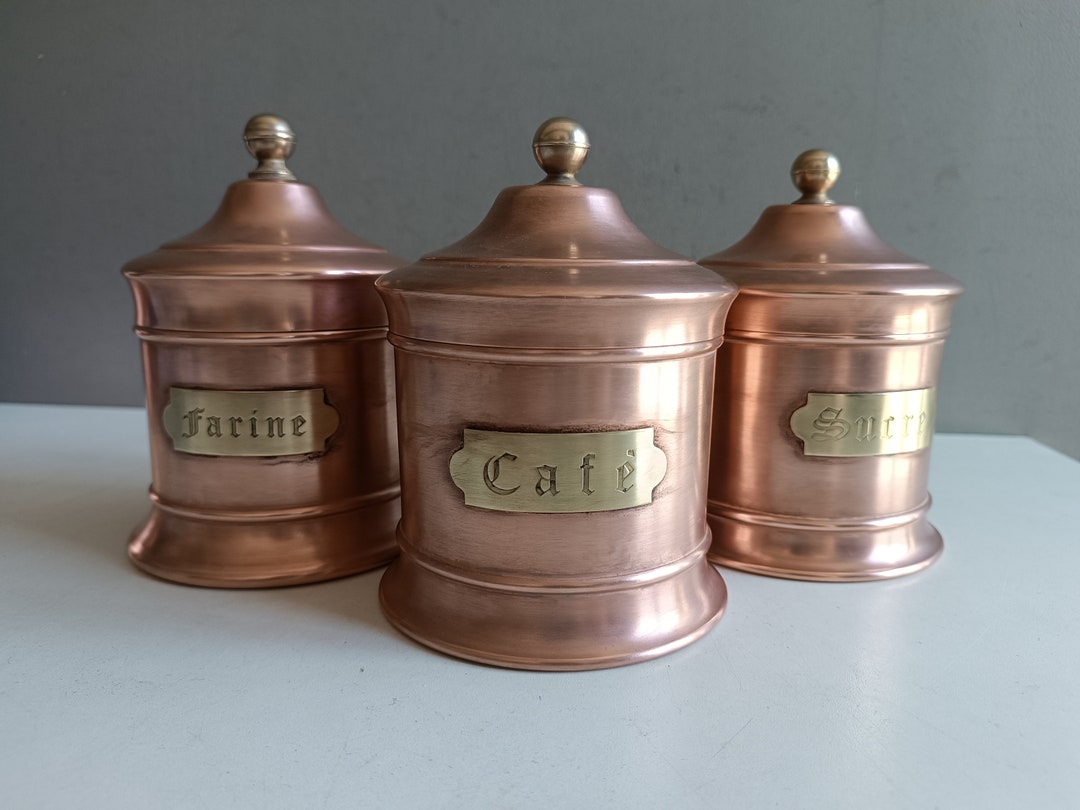 French Vintage 3 Large Tinned Solid Copper Spices Jars Pots Canisters ...