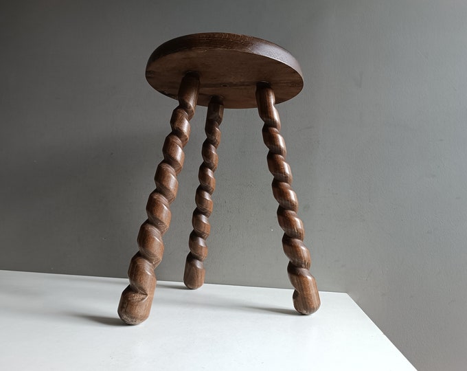 French Vintage Turned Spiral Wood Stool Mid Century Brutalist / Screw ...