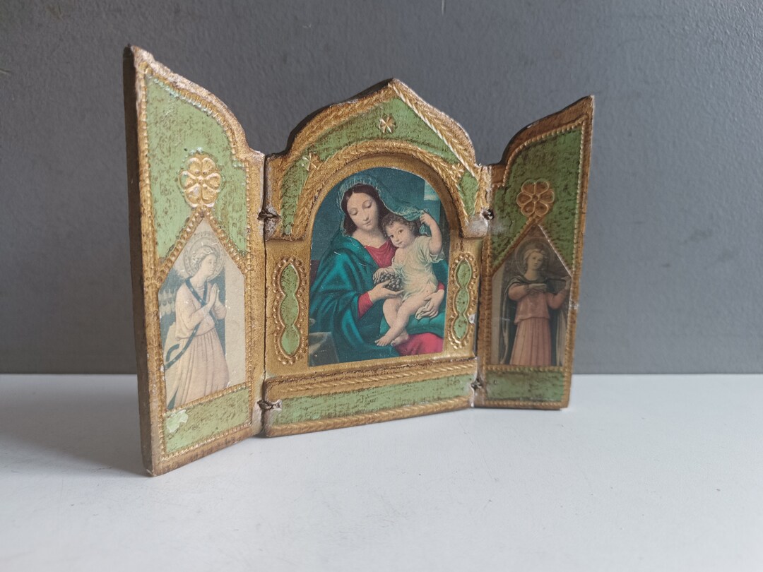 Florentine Icon Oratory Triptych Wood Gilt Stucco Painted Panels Madonna Virgin Mary Grapes ...