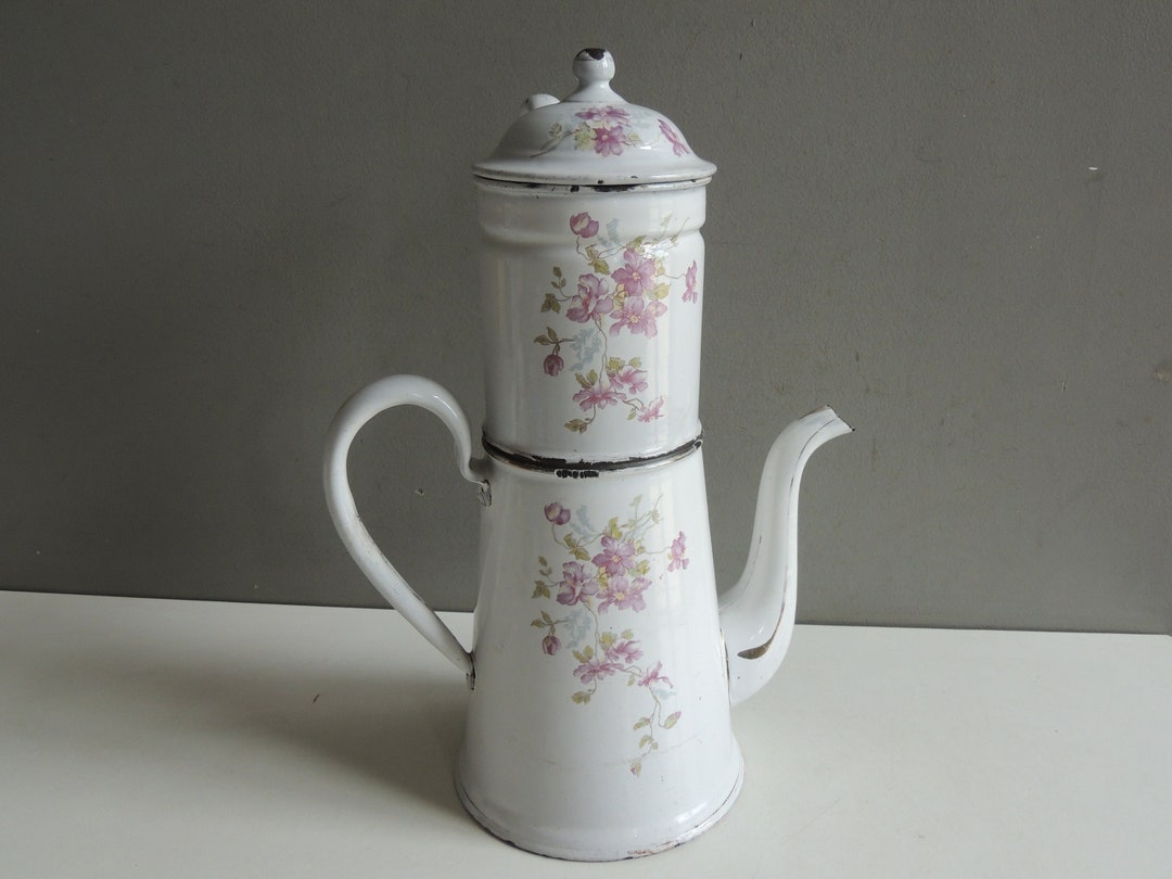 French Antique Large Coffee Pot Enamel Flower Purple Violet ...