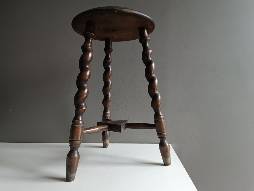 French Vintage Turned Twisted Wood Stool Farmhouse Mid Century ...