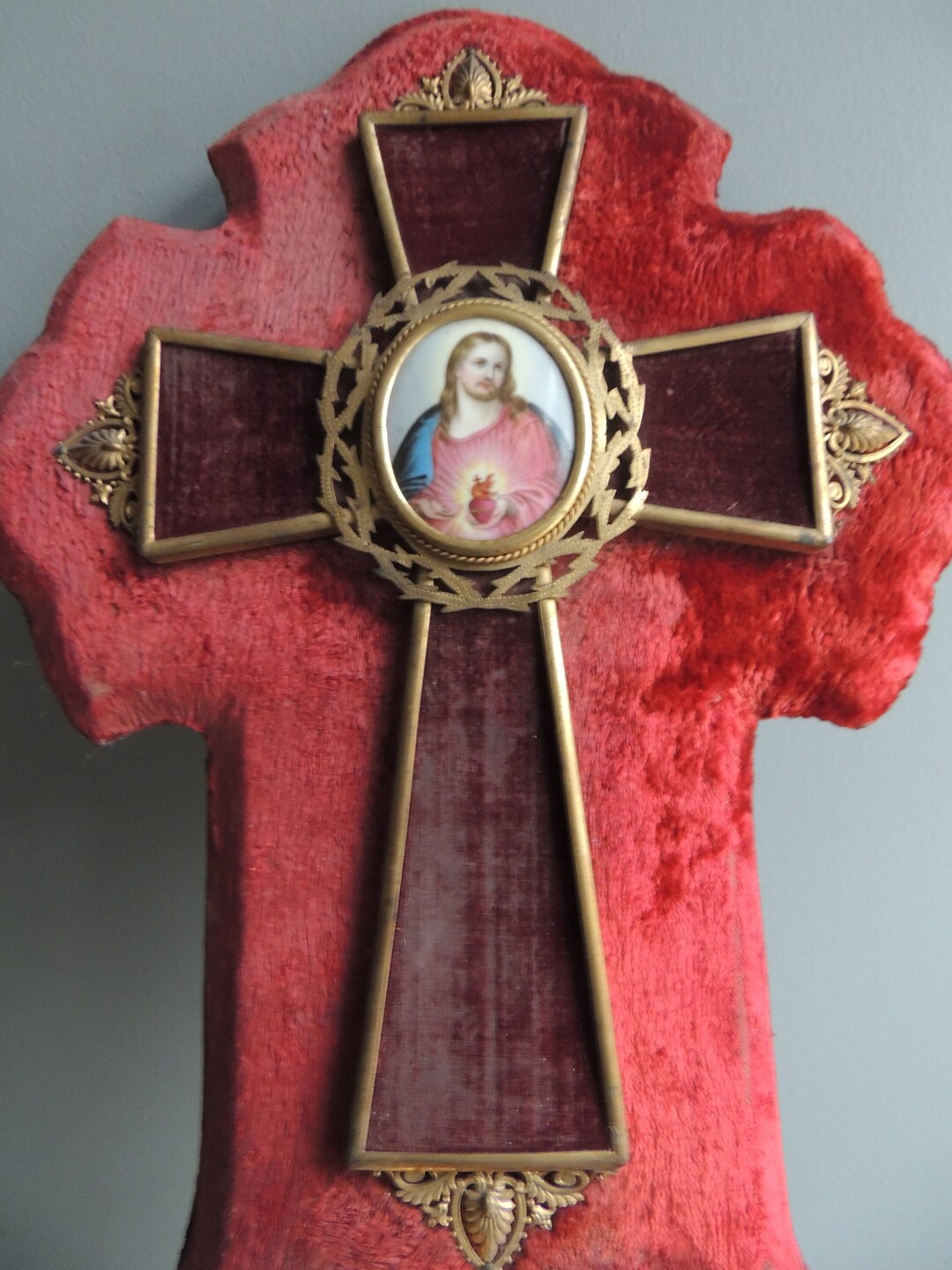 French Antique Large Holy Water Stoup Cross Crucifix With Porcelain ...