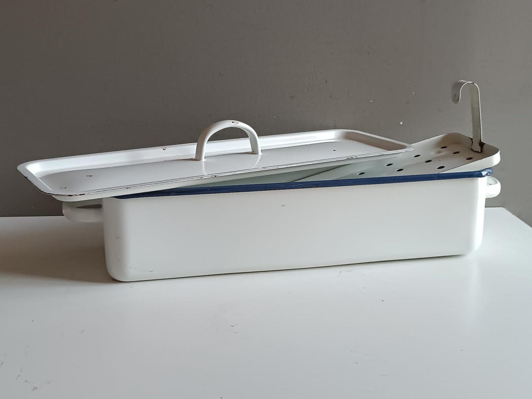 Antique French Large Enamel Metal Fish Kettle Fishmonger With Wire Rack ...