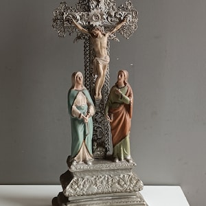 French Antique Nice Large Altar Crucifix Christ Calvary Chalkware on ...