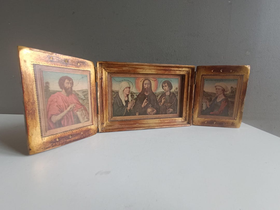 Antique Altarpiece Triptych Braque Wood Gilt Panels Image Icon Jesus ...