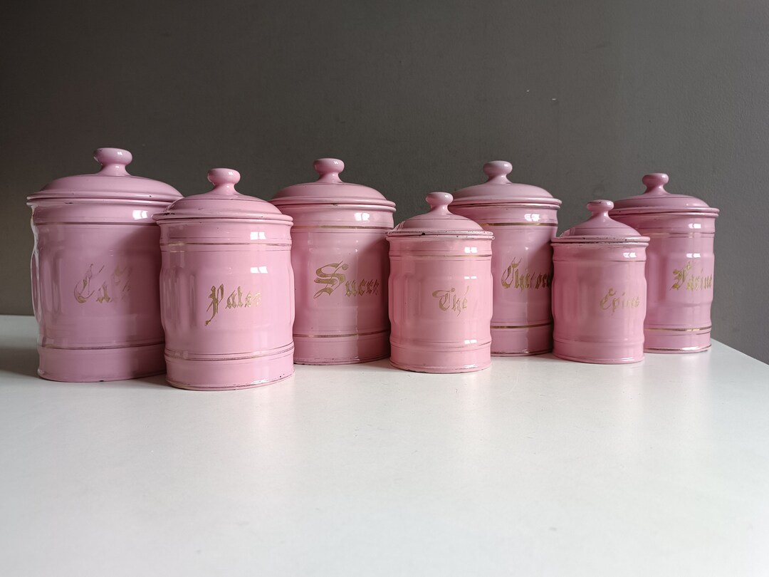 French Antique Set of 7 Enamel Spices Jars Pots Canisters Containers ...
