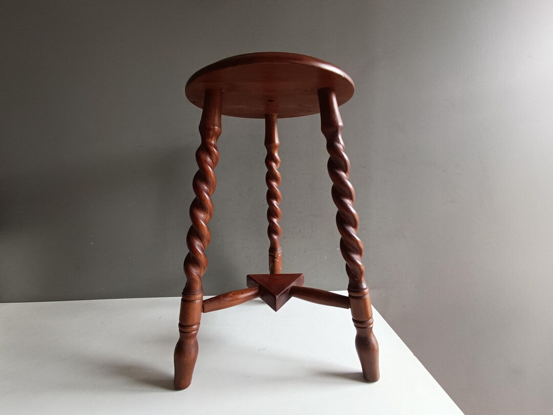 French Vintage Turned Twisted Wood Stool Mid Century Brutalist / Screw ...