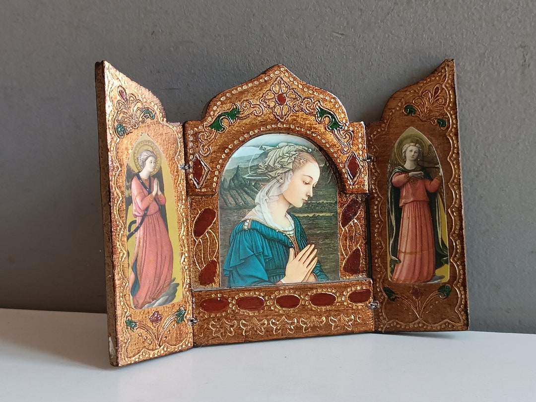 Vintage Florentine Icon Oratory Triptych Wood Gilt Stucco Painted Panels Madonna Virgin Mary ...