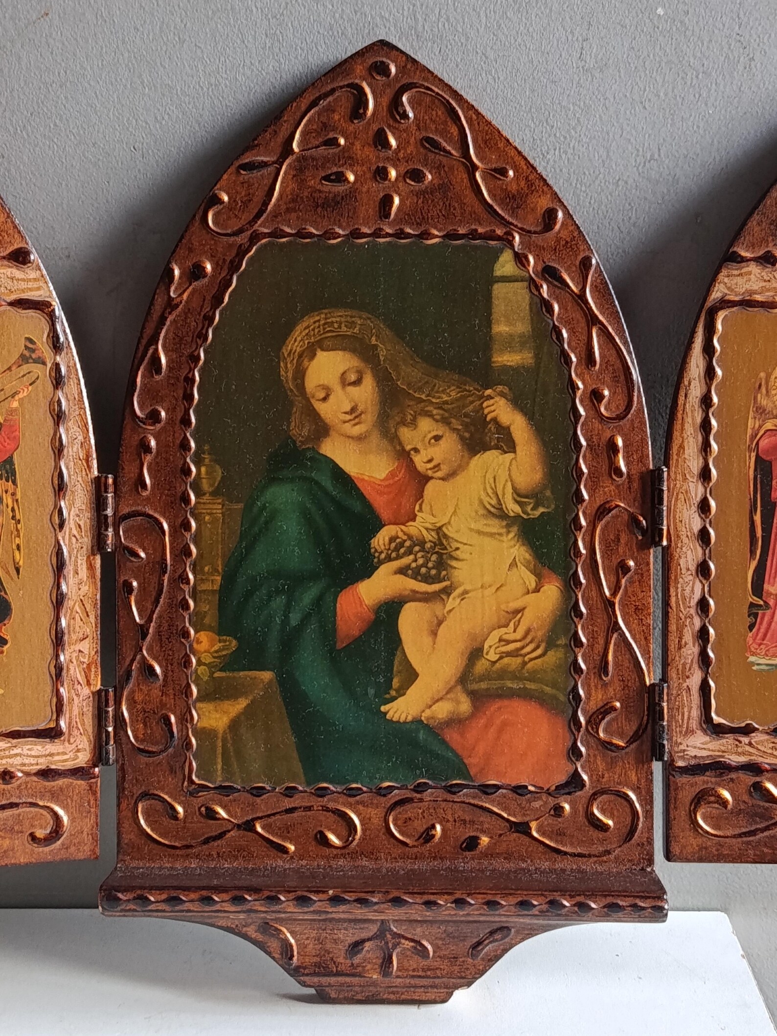 Large Vintage Wall Oratory Triptych Wood Panels Image Icon Virgin Mary ...
