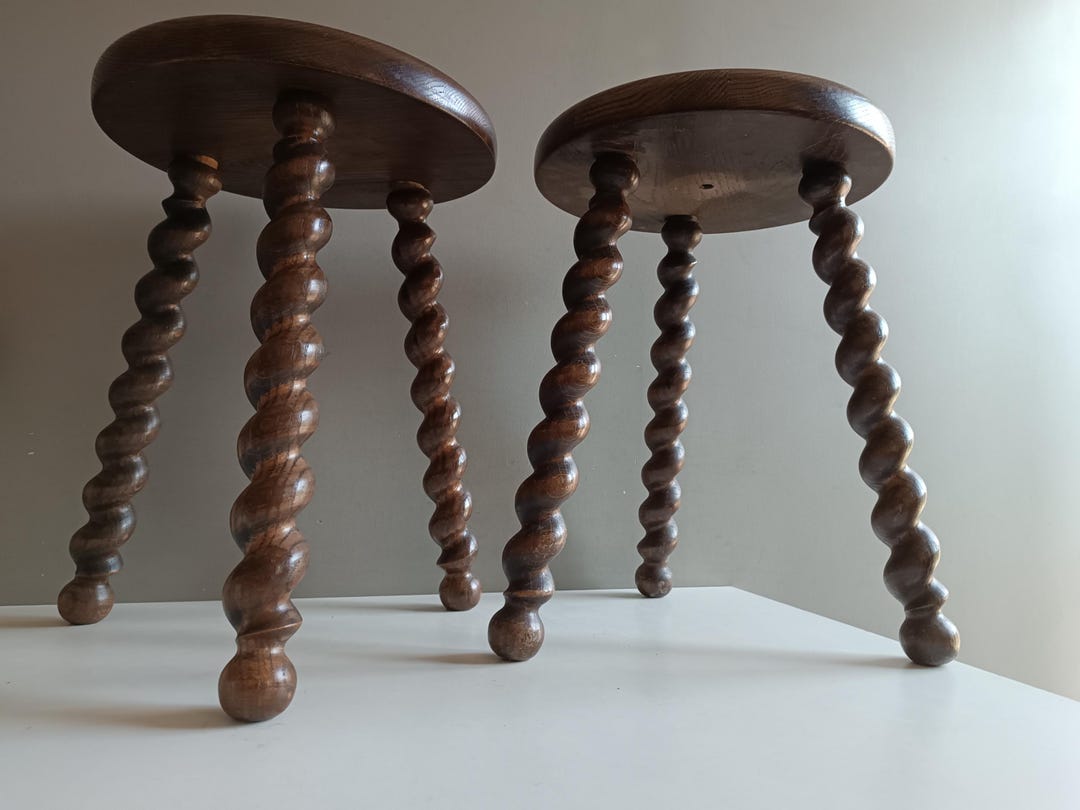French Vintage Turned Spiral Wood Stool Mid Century /screw Tripod ...