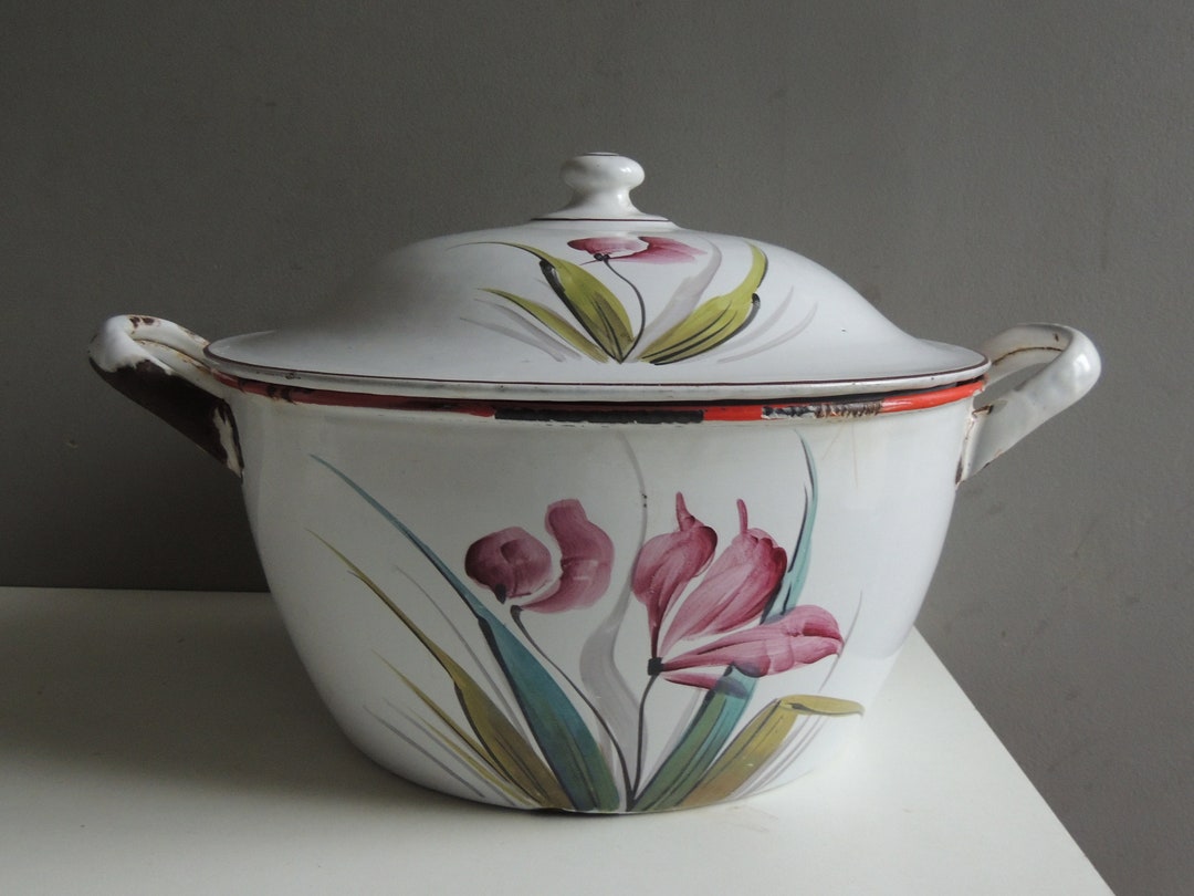 French Antique Large Cooking Pot Tureen Pan Enamel Flower Decor / Bowl ...