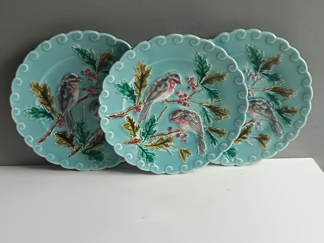 French Antique Barbotine 3 Rare Plates Birds and Fruits Sarreguemines ...