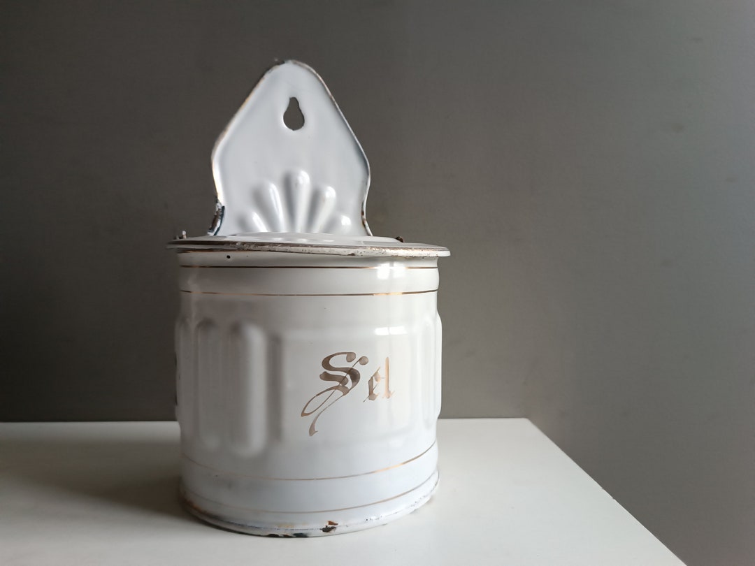 French Antique Salt Box White and Gilt Enamel Fluted / Wall Hanging ...