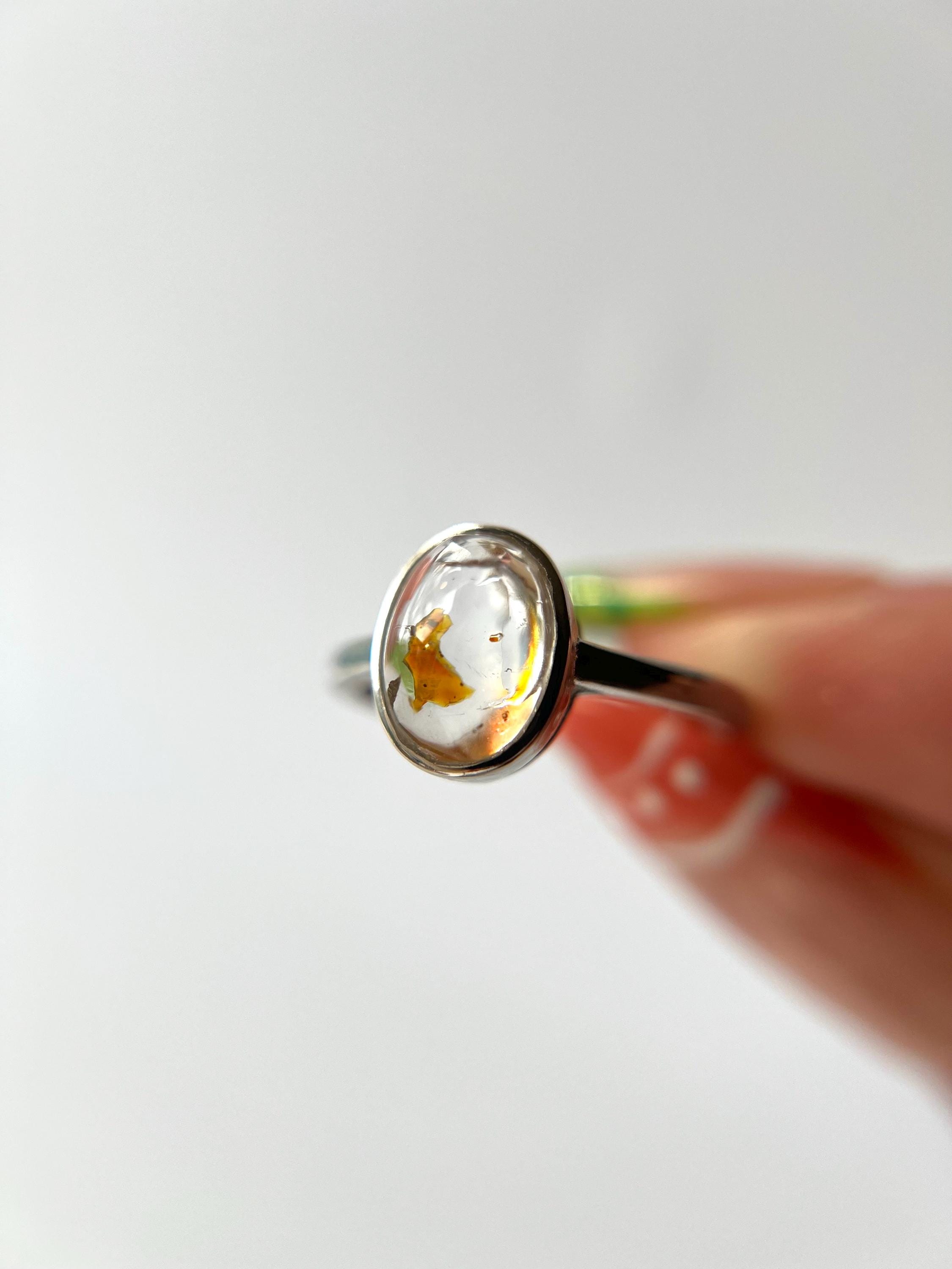 Golden Enhydro Quartz Teardrop Ring With Clear Moving Bubble and Black ...