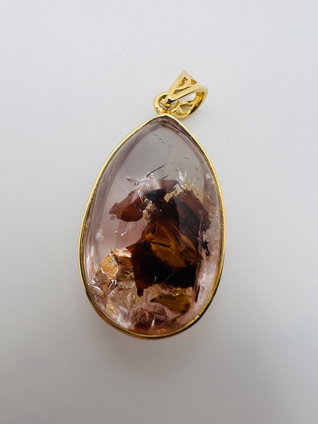 Golden Enhydro Quartz Pendant With Giant Moving Bubble and Black Moving ...