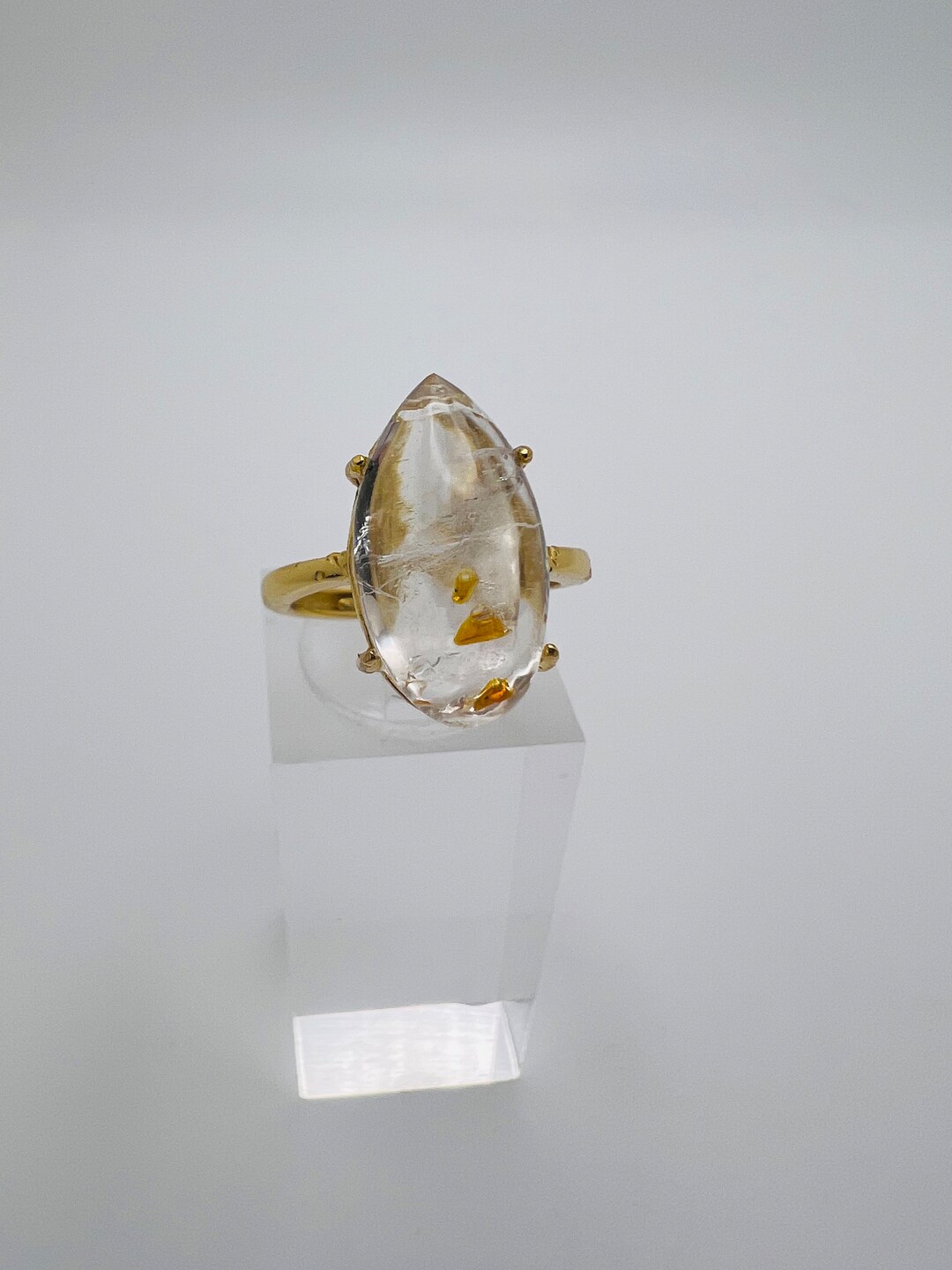 Golden Enhydro Quartz Teardrop Ring With Two Clear Moving - Etsy