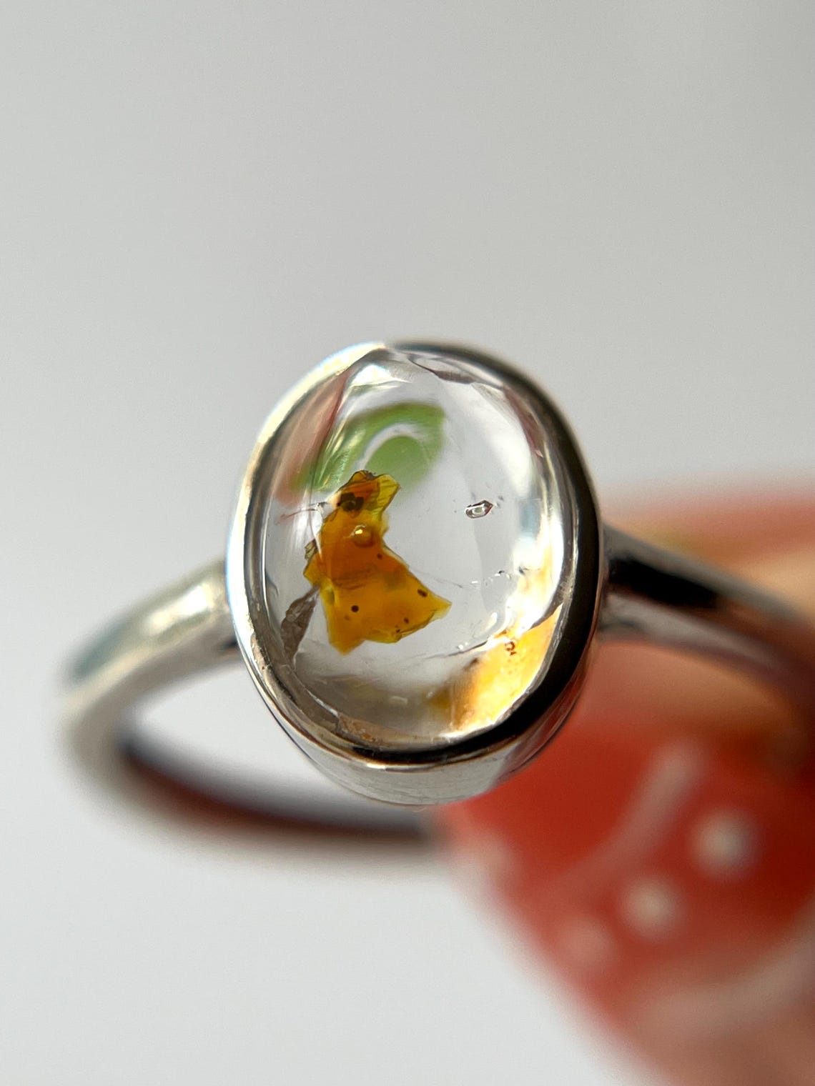 Golden Enhydro Quartz Teardrop Ring With Clear Moving Bubble and Black ...