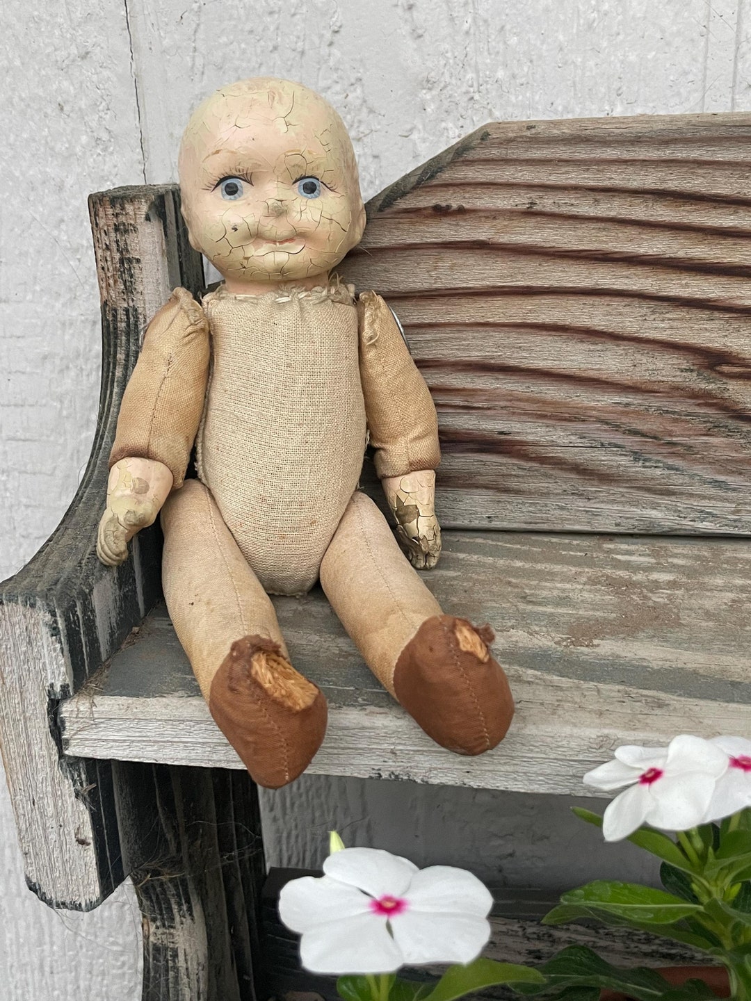 Antique Composite & Straw Stuffed Doll Painted Face Jointed Arms Legs ...