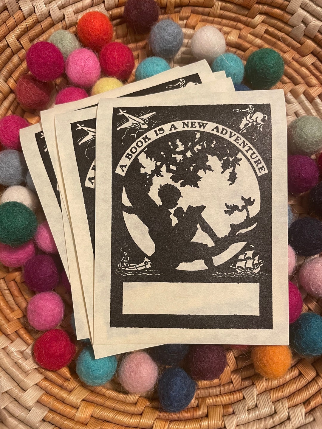 A Book is A New Adventure Child Reading Set of Five Vintage Bookplates ...