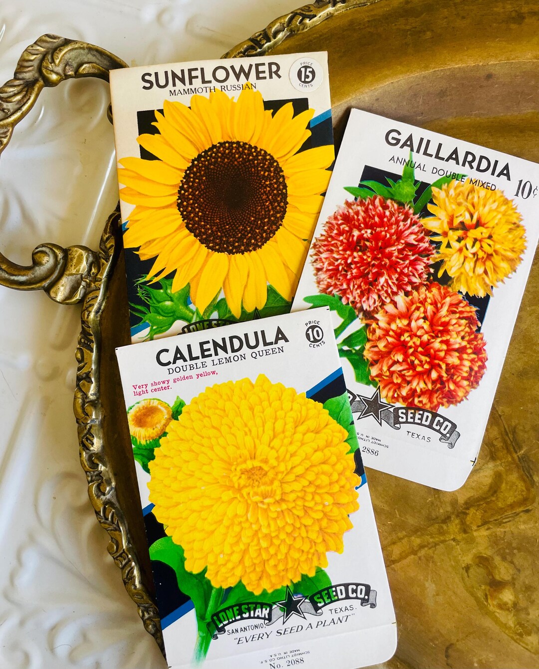Vintage Sunny Flowers Seed Packet Trio Sunflower Calendula Gaillardia ...