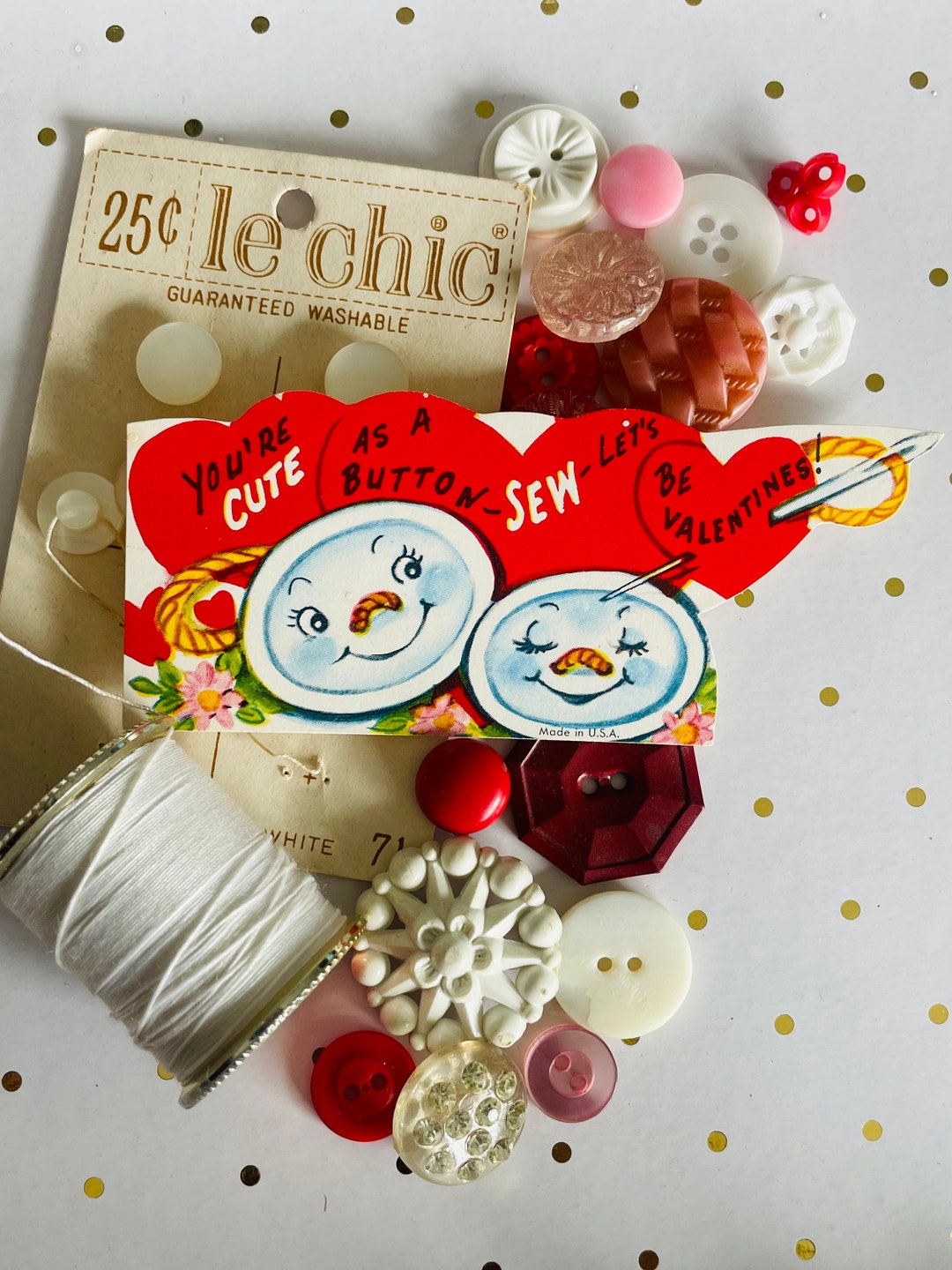 Vintage Cute as A Button Valentine Card Original Die Cut Sew ...