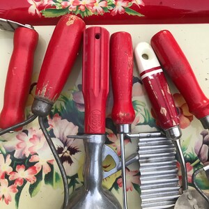 Vintage Red Handled Kitchen Tool Utensil Collection Chippy Paint Potato ...