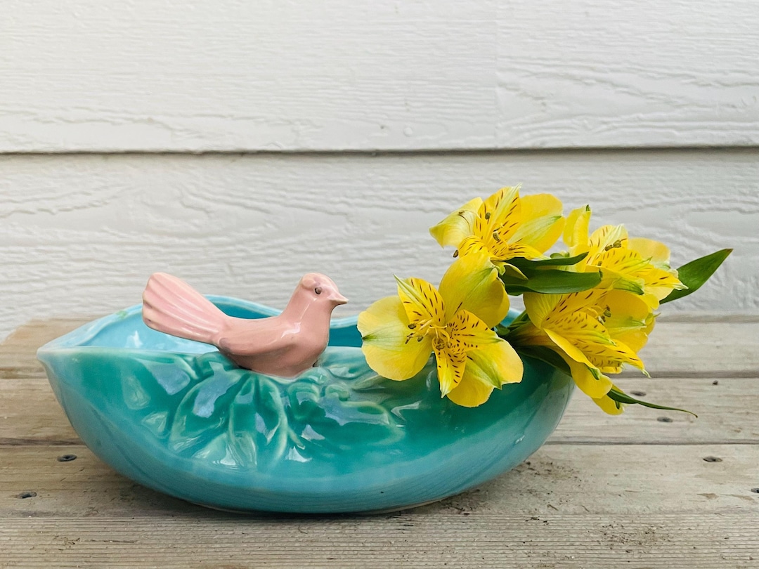 Vintage Mccoy Pottery Bird Vase Bowl Home Decor Planter Blue Green Pink ...