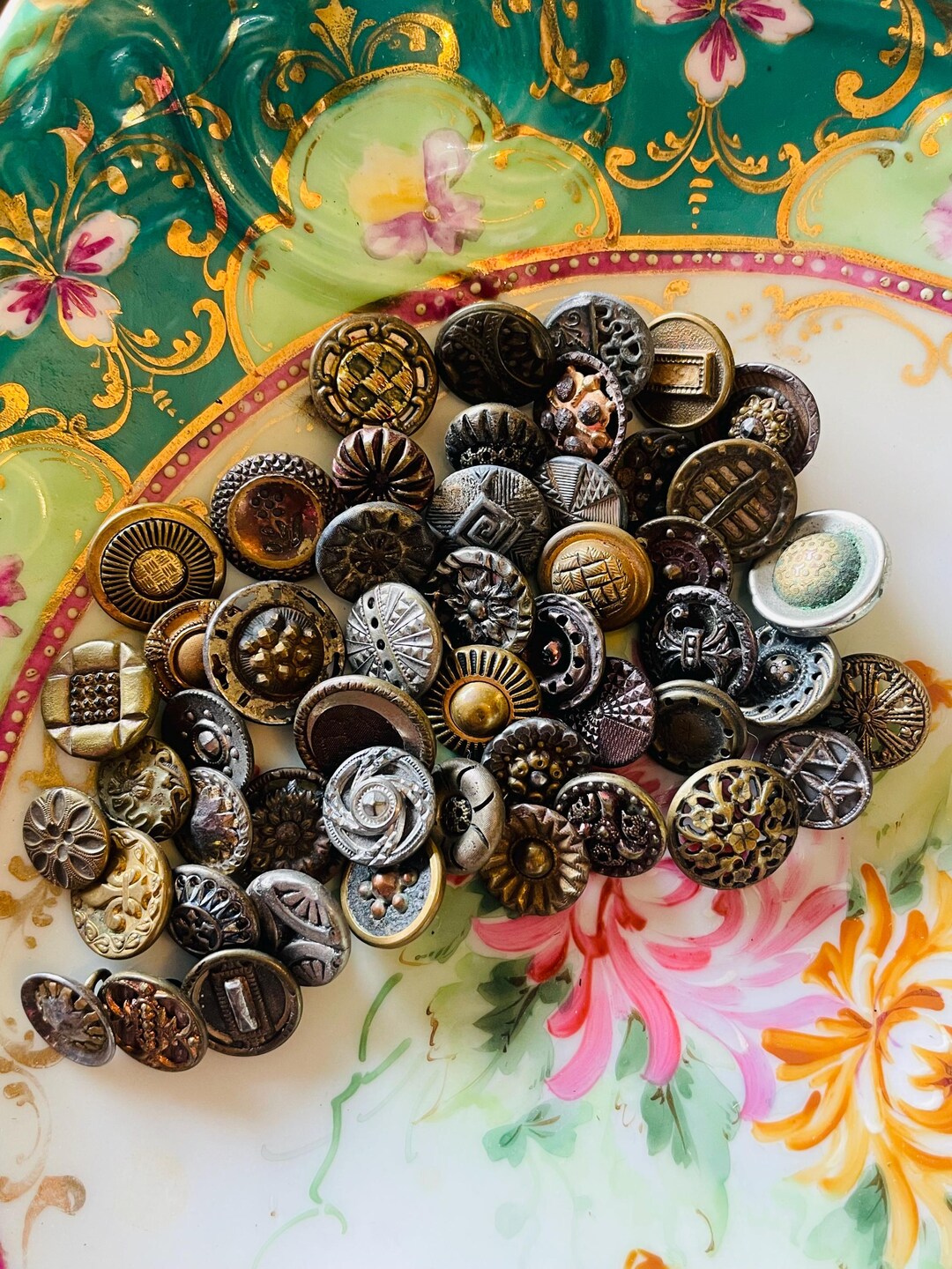Antique Victorian Button Collection Ornate Metal Shank Over 40 Buttons ...