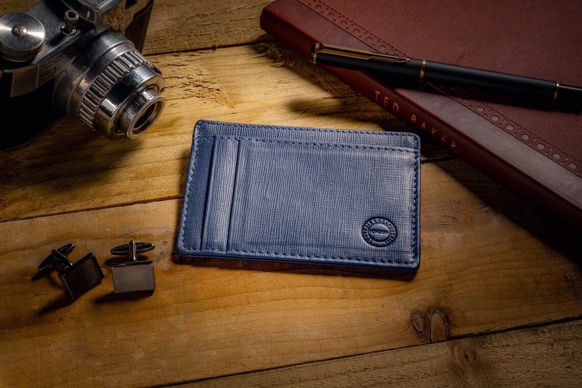 Blue Saffiano Leather Card Holder With Rfid Protection - Etsy