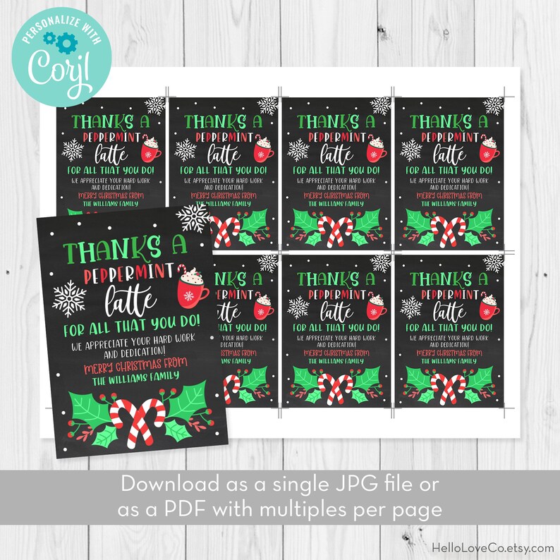 Editable Printable Peppermint Latte Gift Tags Template Thank | Etsy