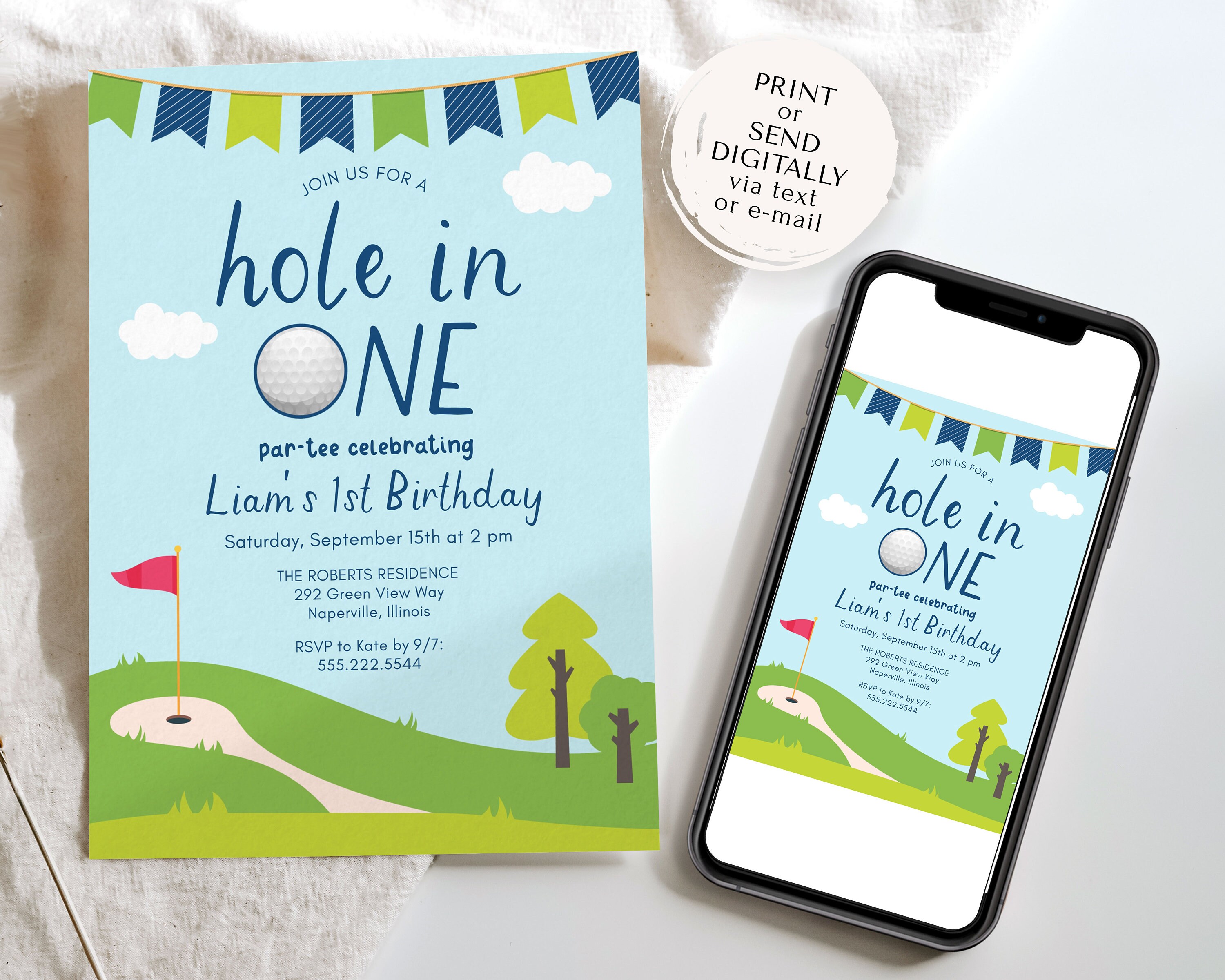Golf First Birthday Invitation Template 5x7 Hole in One Boy - Etsy
