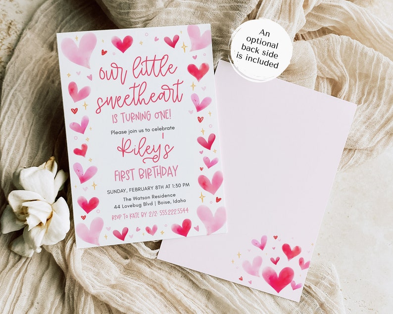 Pink Hearts First Birthday Party Invitation Template Our - Etsy