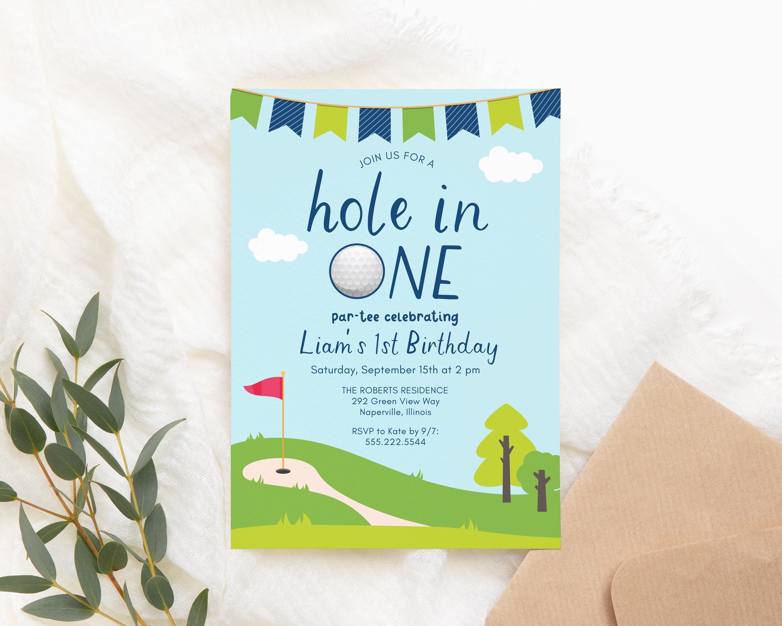 Golf First Birthday Invitation Template 5x7 Hole in One Boy - Etsy