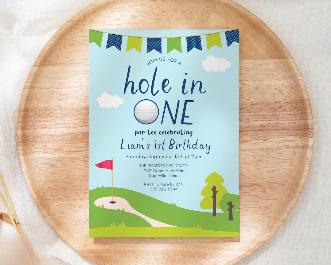 Golf First Birthday Invitation Template, 5x7 Hole in One Boy 1st ...