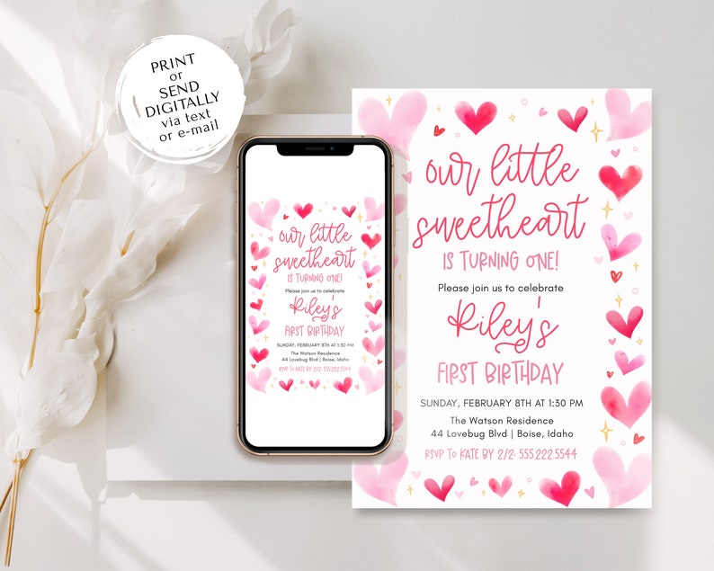 Pink Hearts First Birthday Party Invitation Template Our - Etsy