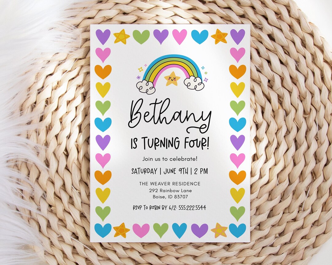Rainbow Hearts Birthday Party Invitation Template, Bright Colorful Kids ...